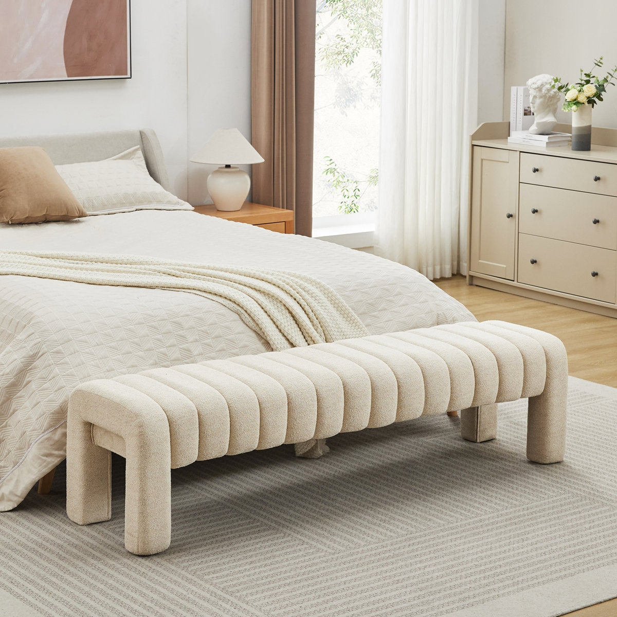 Ribbed Upholstered Bedroom Bench with Solid Wood Internal Frame ...