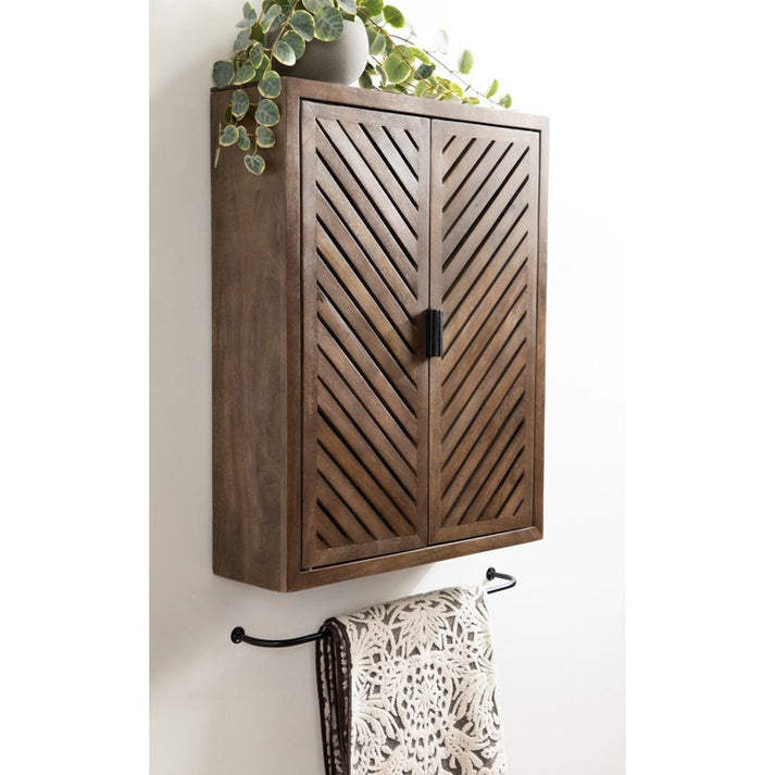 ADOUER WOOD Handcrafted Solid Wood Wall Cabinet with Chevron Slatted D ...